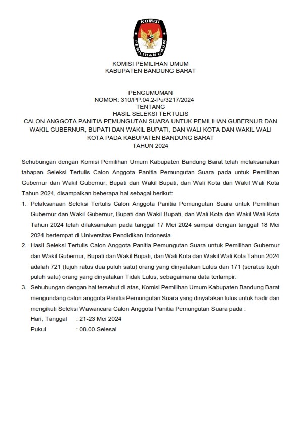 KPU KAB-BANDUNGBARAT - Hasil Seleksi Tertulis Calon Anggota Panitia Pemungutan Suara